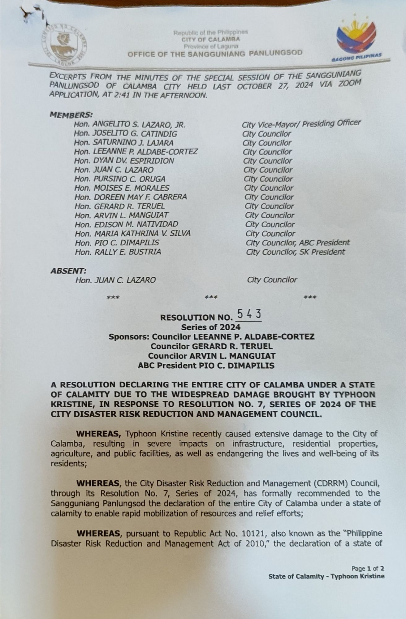 CALAMBA DECLARE STATE OF CALAMITY AMID TYPHOON KRISTINE’S DAMAGE – News ...