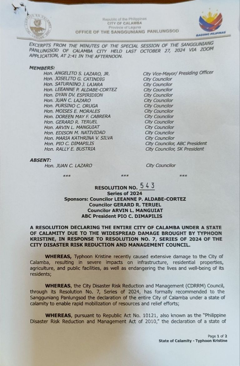 CALAMBA DECLARE STATE OF CALAMITY AMID TYPHOON KRISTINE’S DAMAGE – News ...