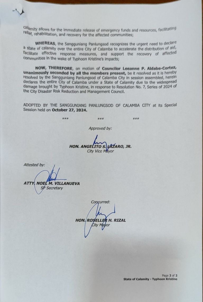 CALAMBA DECLARE STATE OF CALAMITY AMID TYPHOON KRISTINE’S DAMAGE – News ...