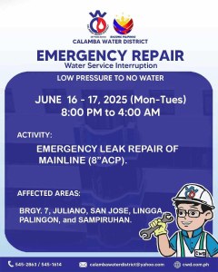 Emergency Water Service Interruption in Calamba: Residents Urged to ...
